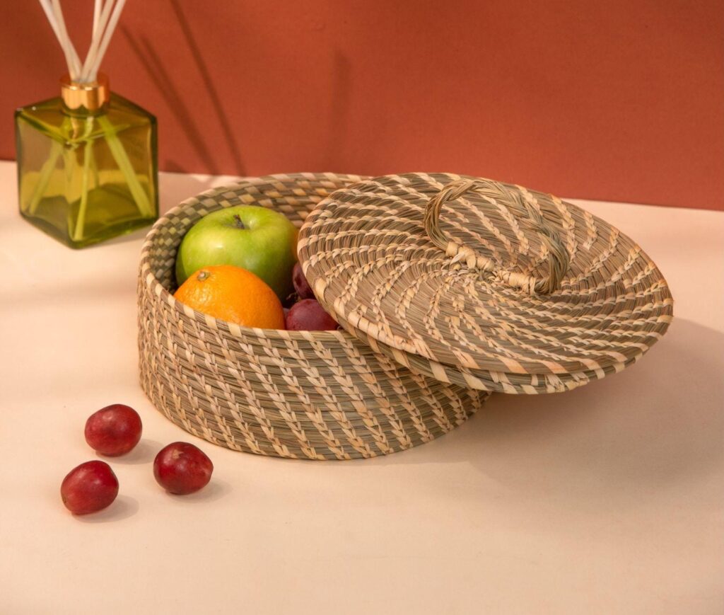 Handwoven Natural Green Round Multi Utility Box - Inditrails