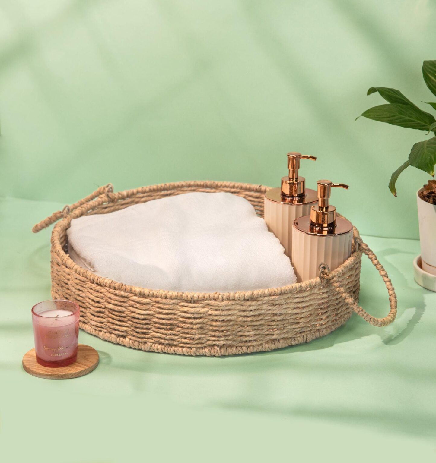 Handwoven Sea Grass Round Tray with Handle - Inditrails