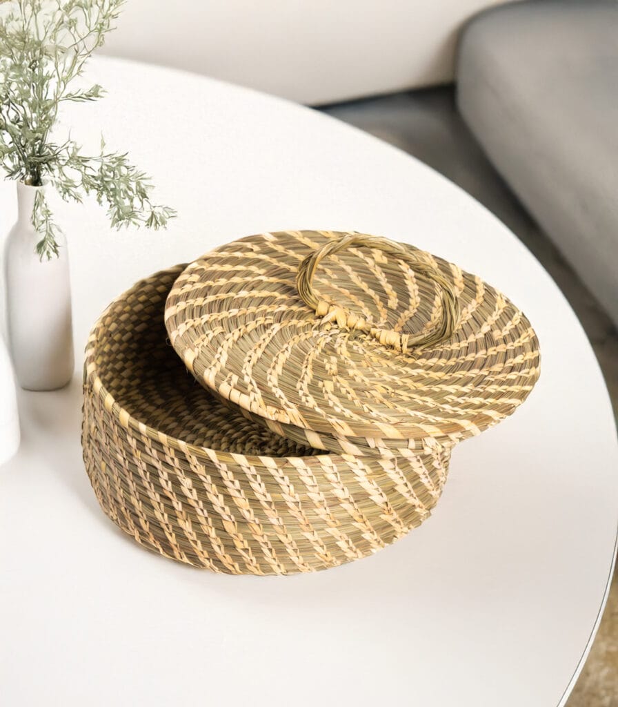 Handwoven Natural Green Round Multi Utility Box - Inditrails